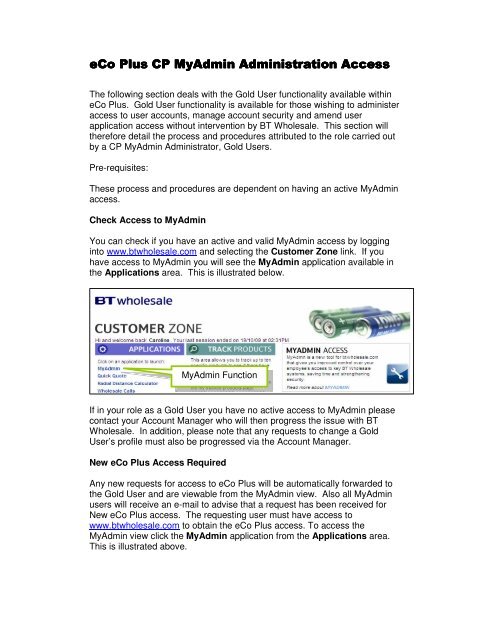 eCo Plus Gold User Admin Access - BT Wholesale