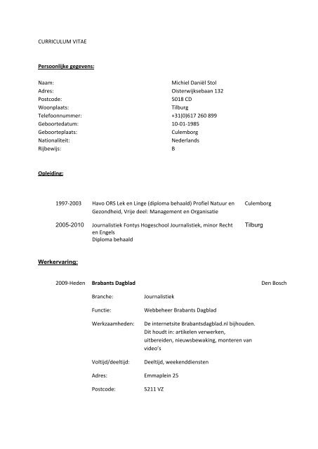 CURRICULUM VITAE Persoonlijke gegevens: Naam ... - Michiel Stol