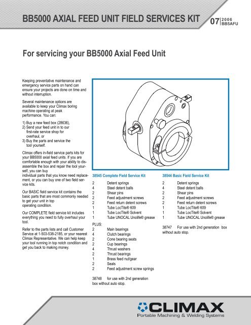 BB5000 axial feed unit field services kit - Climax Portable Machining ...