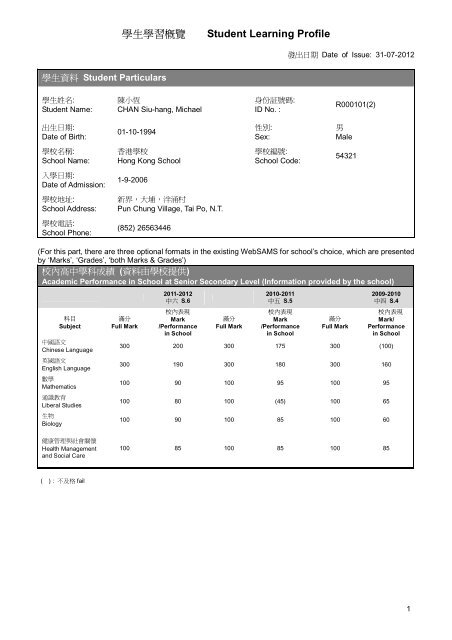 學 生 學 習 概 覽 Student Learning Profile