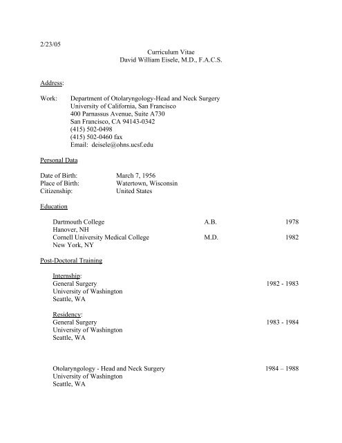 David William Eisele: Curriculum Vitae