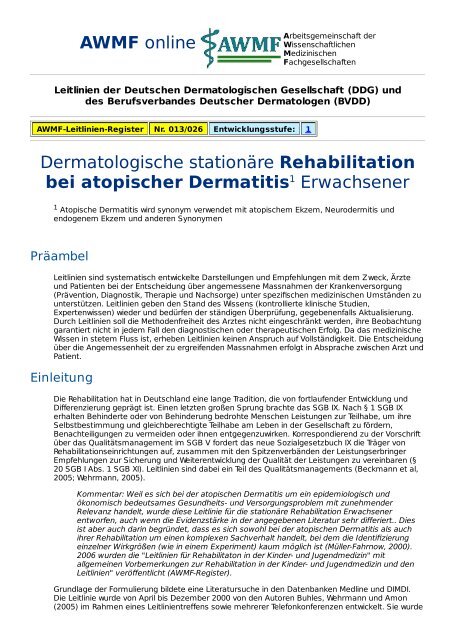 AWMF online - S1-Leitlinie Dermatologie: Rehabilitation atopischer ...