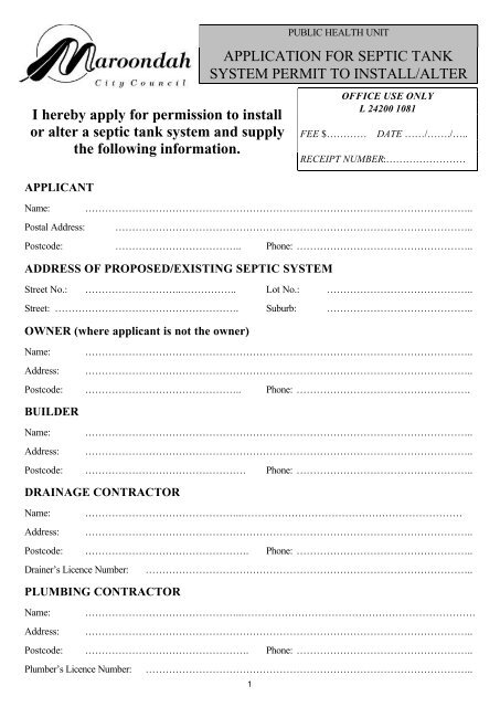 APPLICATION FOR SEPTIC TANK SYSTEM PERMIT TO INSTALL ...