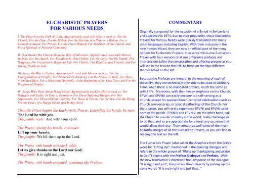 EUCHARISTIC PRAYERS FOR VARIOUS NEEDS