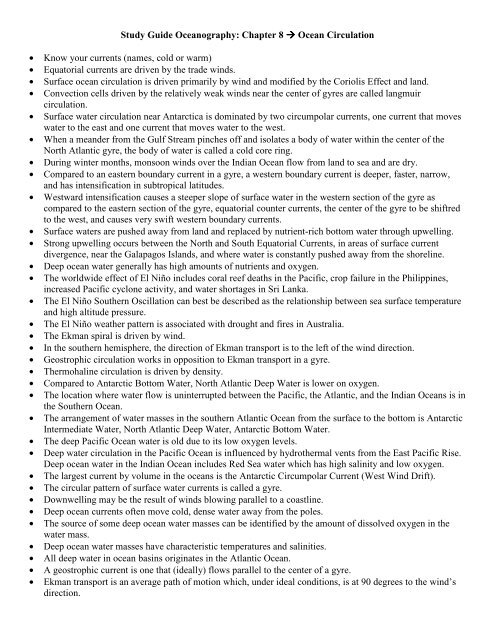 Study Guide Oceanography: Chapter 8 â Ocean Circulation â ¢ Know ...