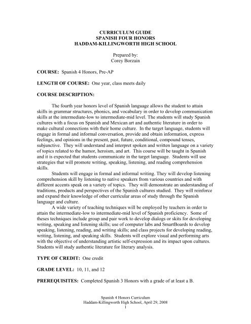 Spanish 4 Honors Curriculum 04 29 08 - Regional School District 17