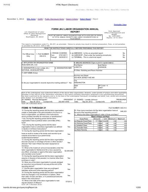 FORM LM-2 LABOR ORGANIZATION ANNUAL REPORT ITEMS 10 THROUGH 21