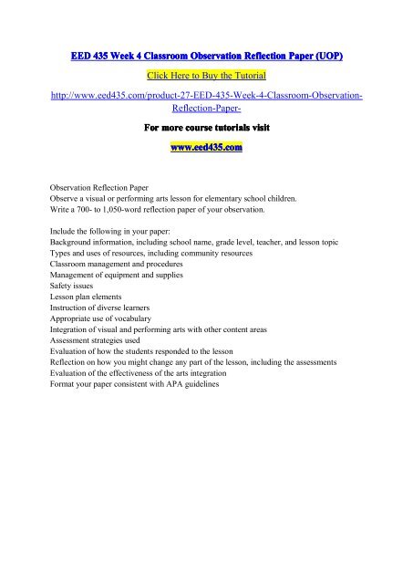 EED 435 Week 4 Classroom Observation Reflection Paper (UOP)