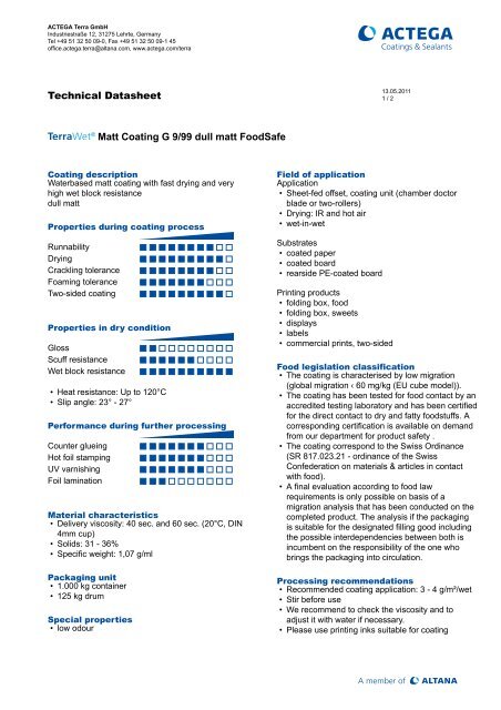 Technical Datasheet Matt Coating G 9/99 dull matt FoodSafe