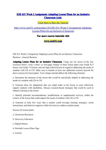 ESE 631 Week 2 Assignment Adapting Lesson Plans for an Inclusive ...