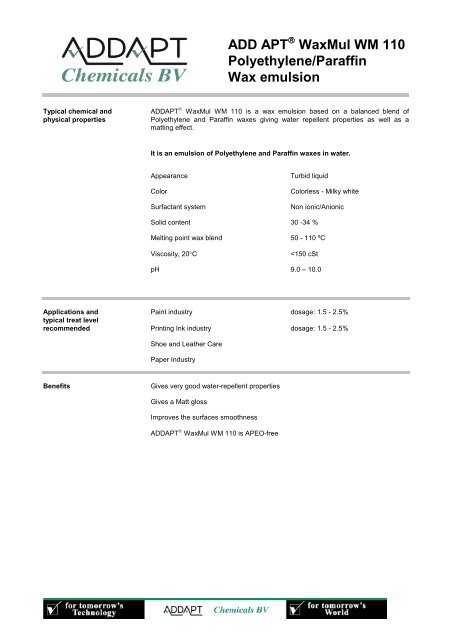 ADD APT WaxMul WM 110 Polyethylene/Paraffin Wax emulsion