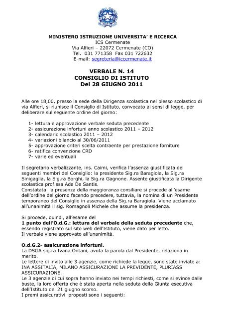 VERBALE N 14 CONSIGLIO DI ISTITUTO Del 28 GIUGNO 2011