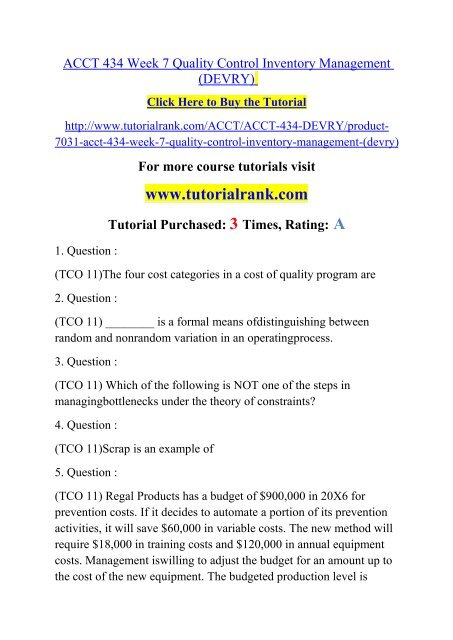 ACCT 434 Week 7 Quality Control Inventory Management/TutorialRank
