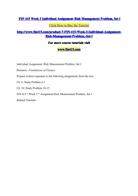 FIN 415 Week 1 Individual Assignment Risk Management Overview Paper