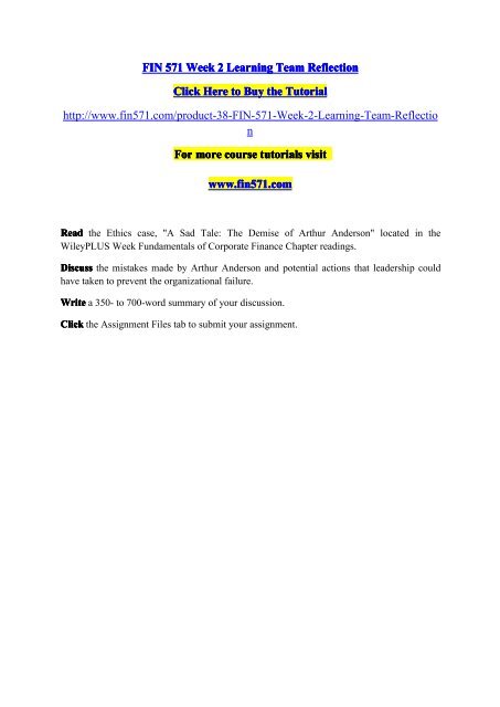 FIN 571 Week 2 Learning Team Reflection