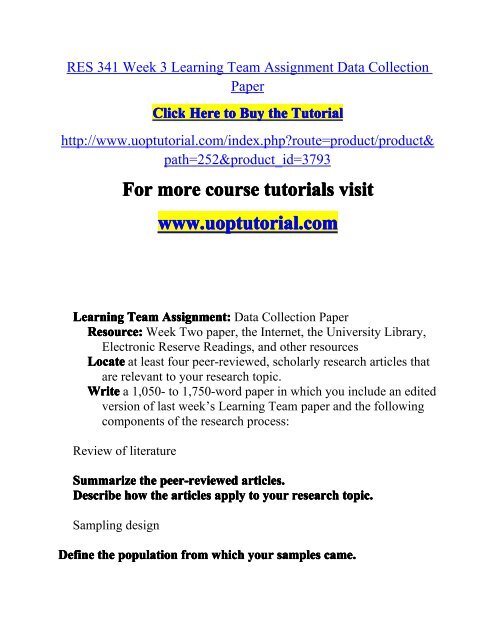 RES 341 Week 3 Learning Team Assignment Data Collection Paper