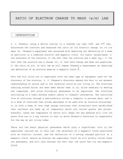 RATIO OF ELECTRON CHARGE TO MASS (e/m) LAB