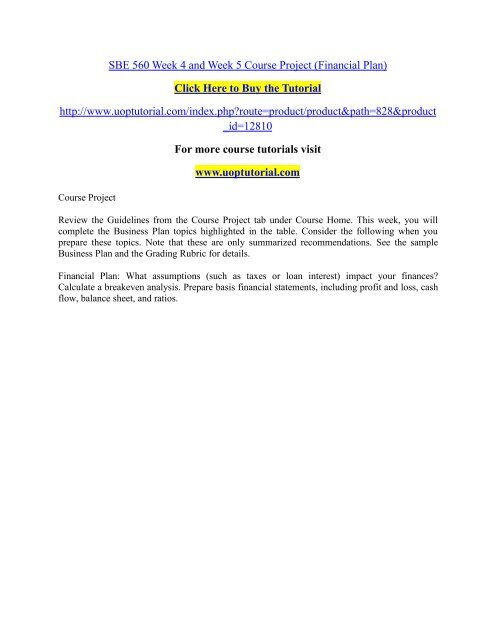 SBE 560 Week 4 and Week 5 Course Project (Financial Plan)/Uoptutorial