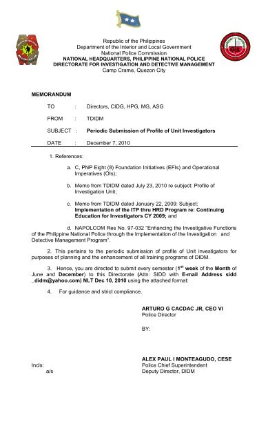 Periodic Submission of Profile of Unit Investigator dtd ... - PNP DIDM