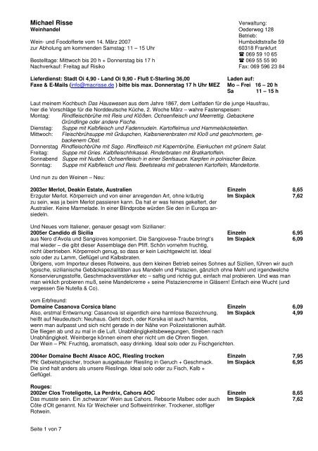 Michael Risse - Risse Frankfurt Wein, Feinkost, Verkauf