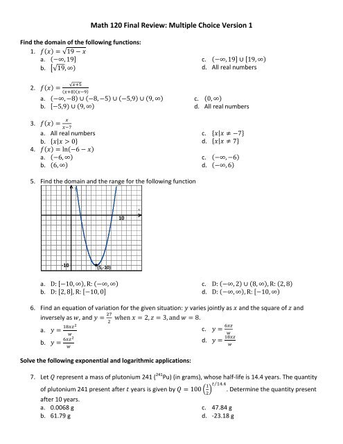 Math 120 Final Review: Multiple Choice Version 1