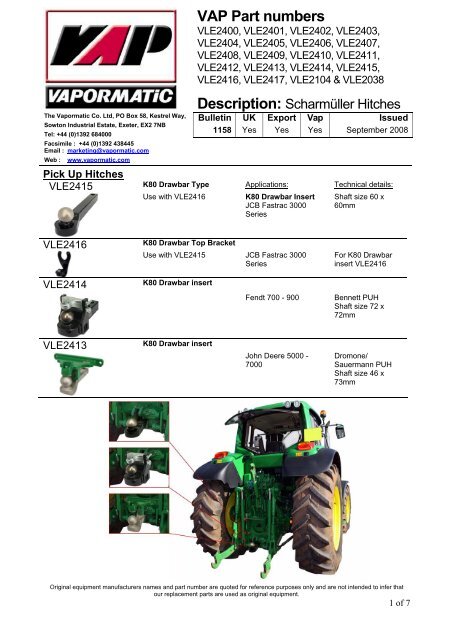VAP Part numbers Description
