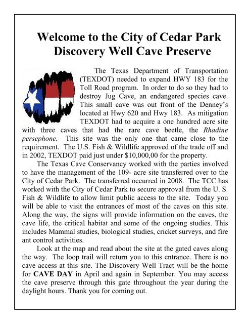 Welcome to the City of Cedar Park Discovery Well Cave Preserve