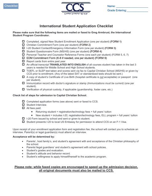 International Student Application Checklist - Capital Christian School