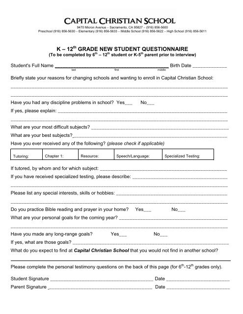 K – 12 GRADE NEW STUDENT QUESTIONNAIRE