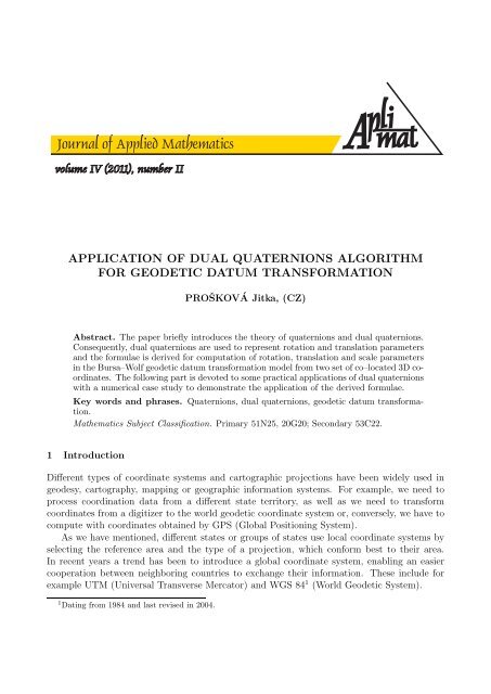 Application Of Dual Quaternions Algorithm For Geodetic Datum Aplimat