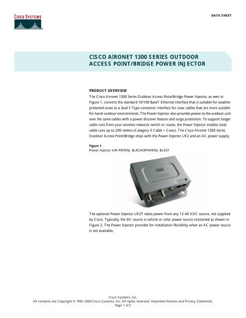 CISCO AIRONET 1300 SERIES OUTDOOR ACCESS POINT/BRIDGE POWER INJECTOR
