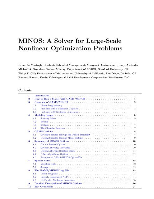 MINOS A Solver for Large-Scale Nonlinear Optimization Problems MINOS A Solver for Large-Scale Nonlinear Optimization Problems