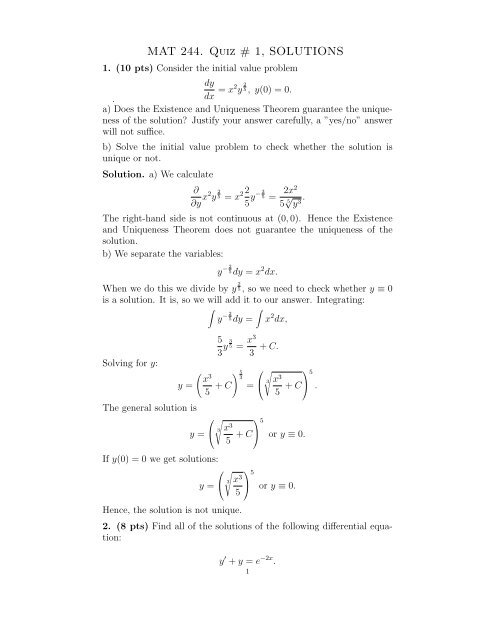 MAT 244. Quiz # 1, SOLUTIONS