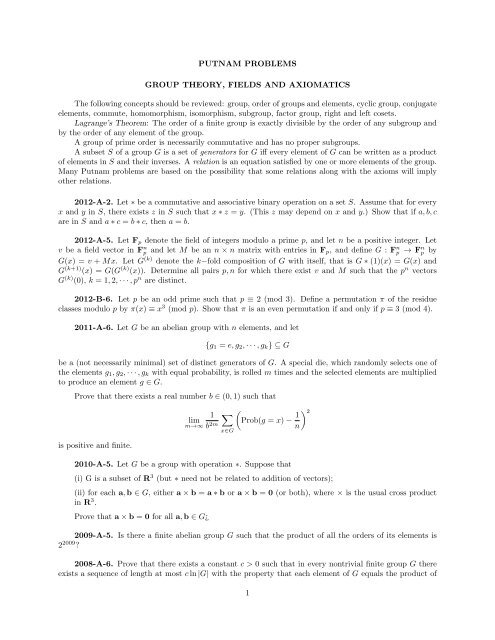 Putnam problems in groups, fields and axiomatics