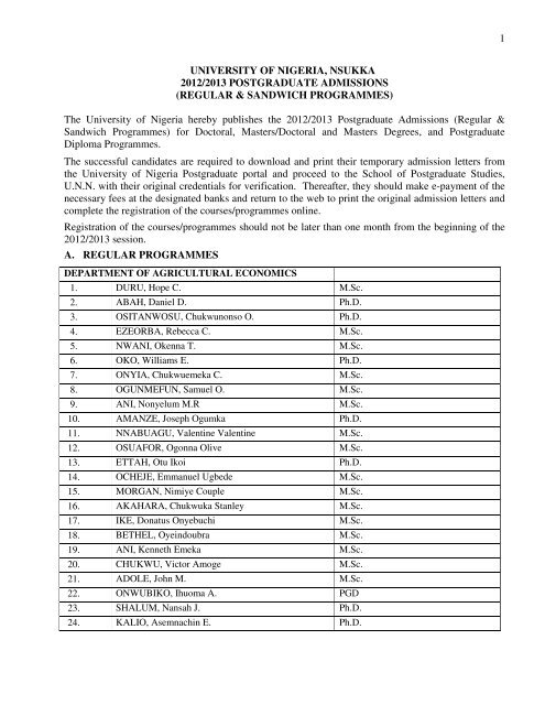 university of nigeria, nsukka 2012/2013 postgraduate - MY UNN ...