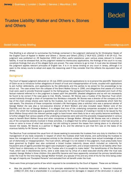 Trustee Liability Walker and Others v Stones and Others