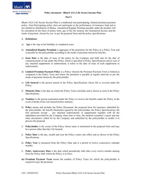 POLICY DOCUMENT Bharti AXA Life Insurance POLICY DOCUMENT Bharti AXA Life Insurance