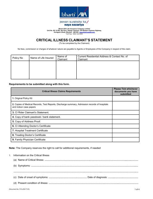 Claimant's Statement Form - Bharti AXA Life Insurance