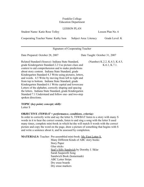 Katie Rose Tolley Lesson Plan No. 6 Cooperating ... - Franklin College