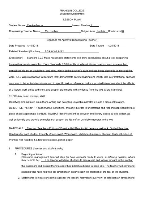 The Tell Tale Heart Lesson Plan - Franklin College