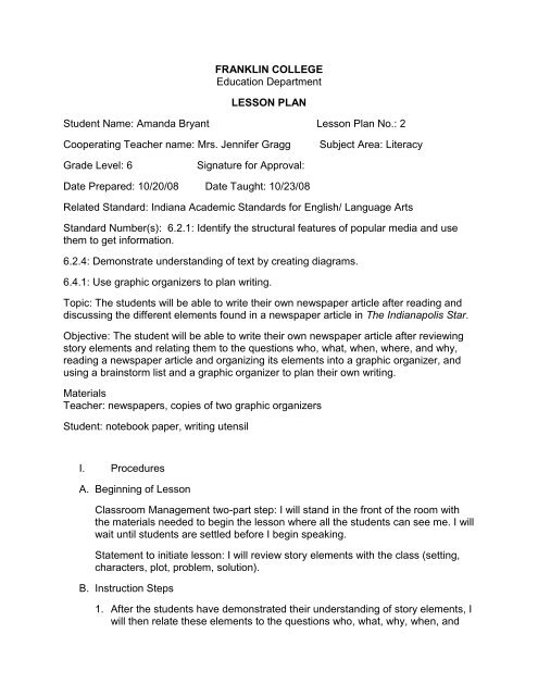 Amanda Bryant Lesson Plan No.: 2 Cooperating ... - Franklin College