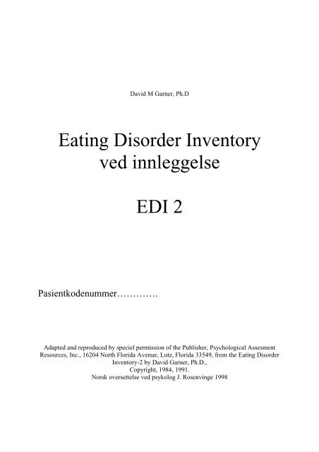 Eating Disorder Inventory ved innleggelse EDI 2