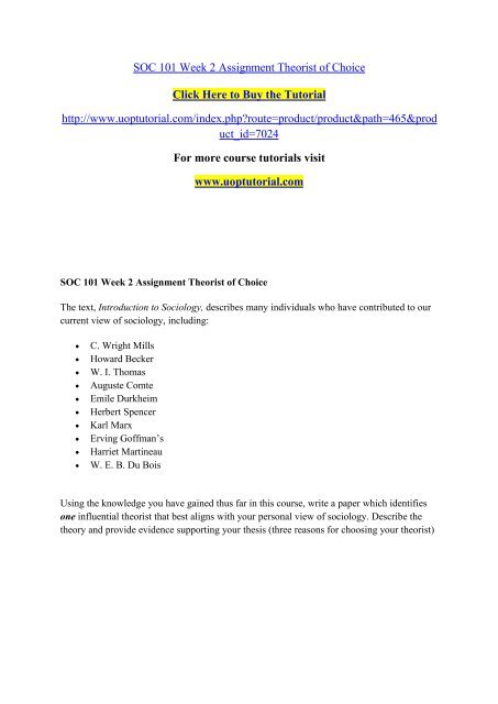 SOC 101 Week 2 Assignment Theorist of Choice/Uoptutorial