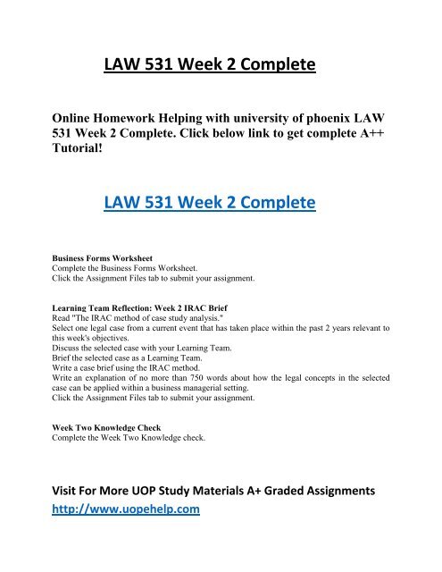 LAW 531 Week 2 Complete Online Homework Help Phoenix University