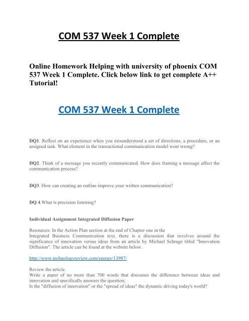 COM 537 Week 1 Complete Online Homework Help Phoenix University