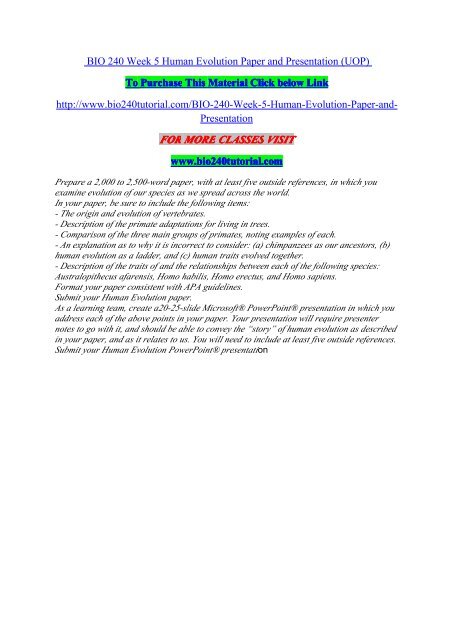 BIO 240 Week 5 Human Evolution Paper and Presentation (UOP)./ uophelp