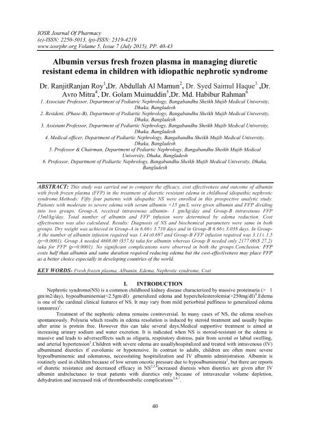 Albumin versus fresh frozen plasma in managing diuretic resistant edema ...