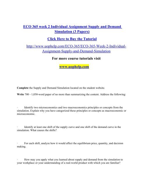 Eco 365 Week 2 Individual Assignment Supply And Demand Simulation 3 Papers Pdf