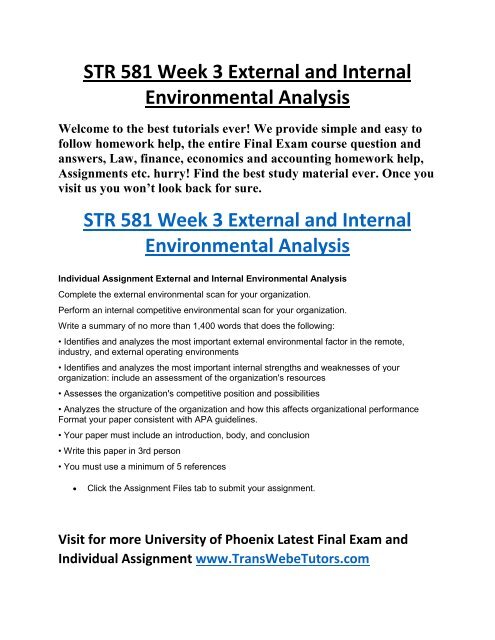 STR 581 Week 3 External and Internal Environmental Analysis UOP Study Material