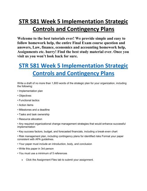STR 581 Week 5 Implementation Strategic Controls and Contingency Plans ...